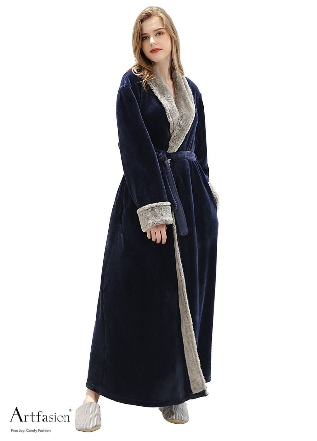 Artfasion Classic Design Navy Blue Fluffy Dressing Gown Bathrobe Unisex ...