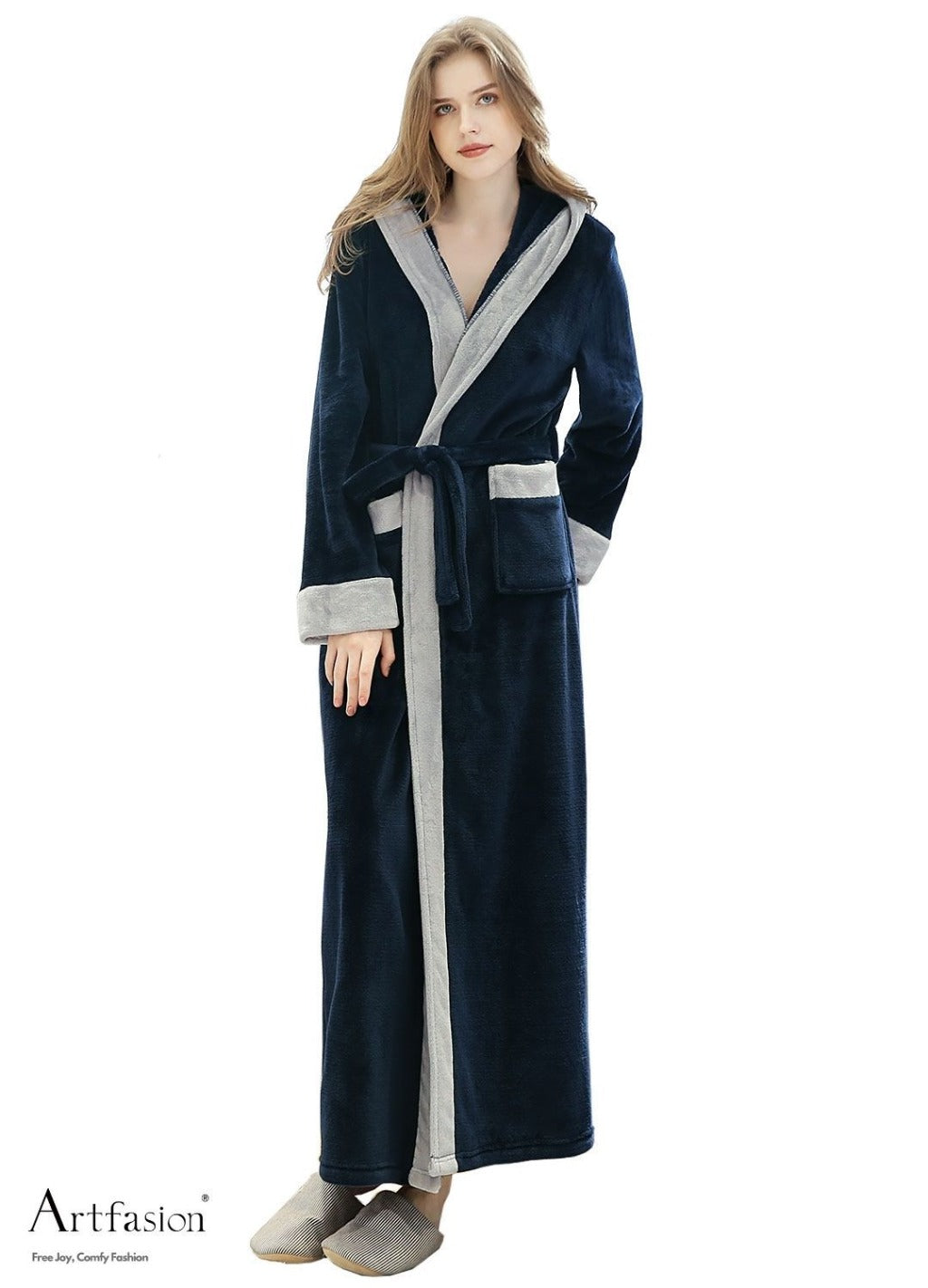 Artfasion Fluffy Plush Navy Blue Dressing Gown Bathrobe with Hood and